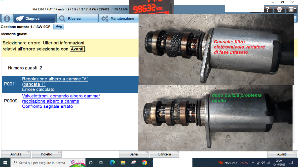 [Fiat Panda 07/2018 1242cc 169A4000 51Kw Benzina] P0009 P0011 - Meccatronica - Autodiagnostic